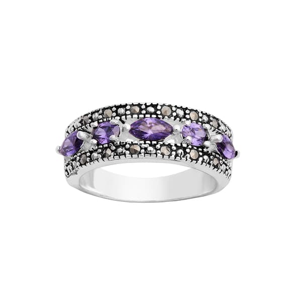 Marsala Silver Plated Marcasite Amethyst Cubic Zirconia Band Ring ...