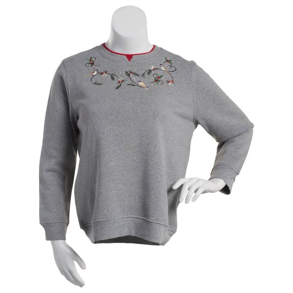Petite Hasting & Smith Embroidered Chickadees Holly Sweatshirt - Boscov's