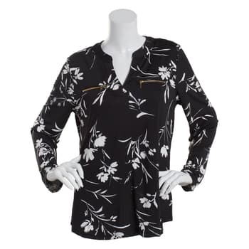 Petites Zac & Rachel Long Sleeve Zip Pocket Blouse - Black/Ivory - Boscov's