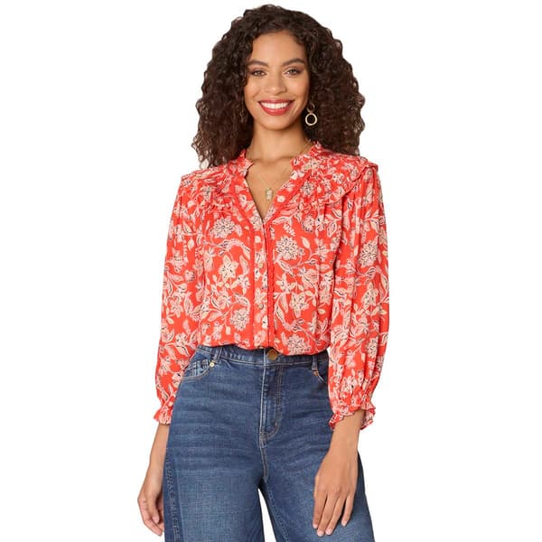 Womens Democracy 3/4 Sleeve Floral Ruffle Button Down Blouse - Boscov's