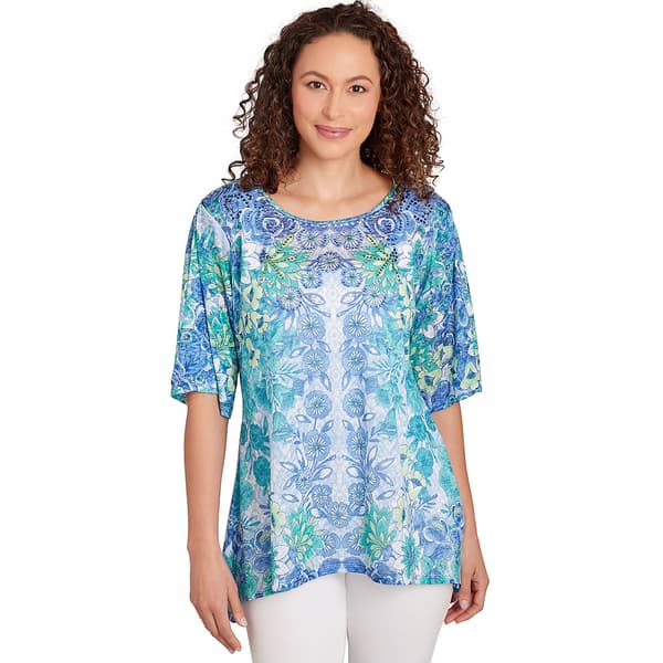 Womens Ruby Rd. Bali Blue Knit Embellished Floral Blouse - Boscov's