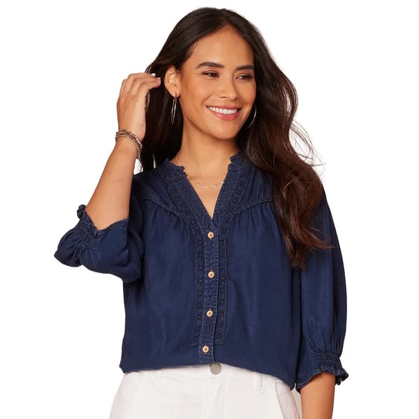 Petite Democracy Elbow Sleeve Button Down w/ Crochet Inset - Boscov's