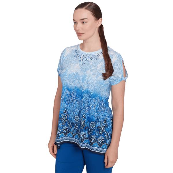 Womens Ruby Rd. Tinted Tides Crystal Ombre Cold Shoulder Tee - Boscov's