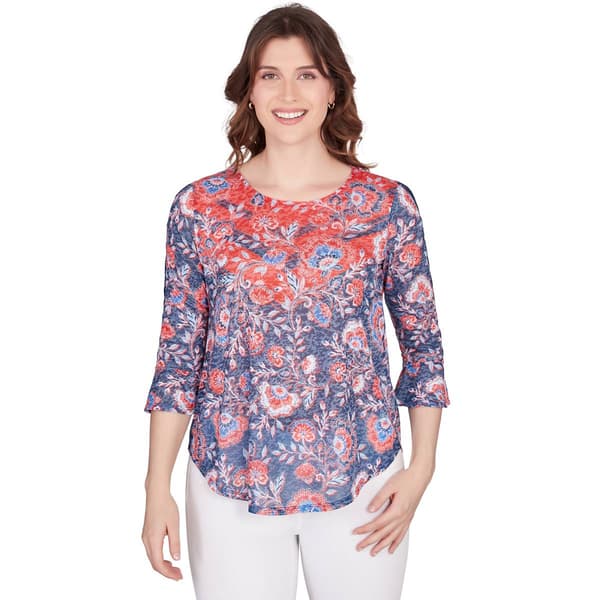 Petite Ruby Rd. Red White & New 3/4 Sleeve Knit Floral Blouse - Boscov's