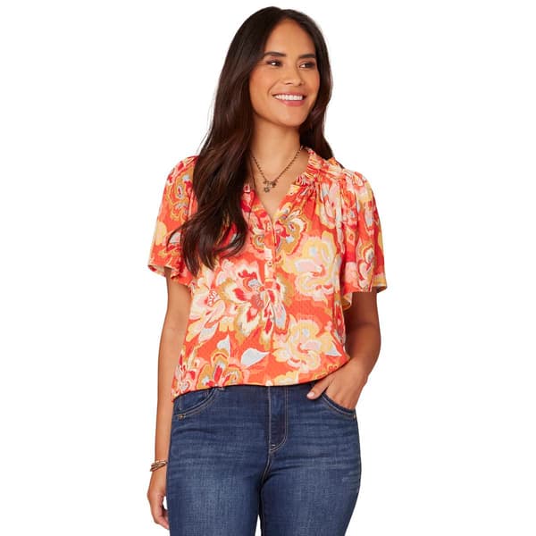Petite Democracy Short Sleeve Split Neck Floral Blouse - Boscov's