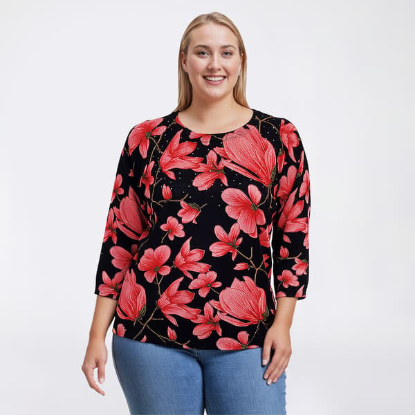 Plus Size Emily Daniels 3/4 Sleeve Floral Rhinestone Yoke Sweater ...