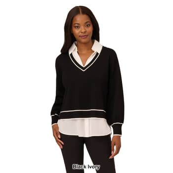 Womens Adrianna Papell Long Sleeve Tipped V-Neck 2Fer Sweater - Boscov's