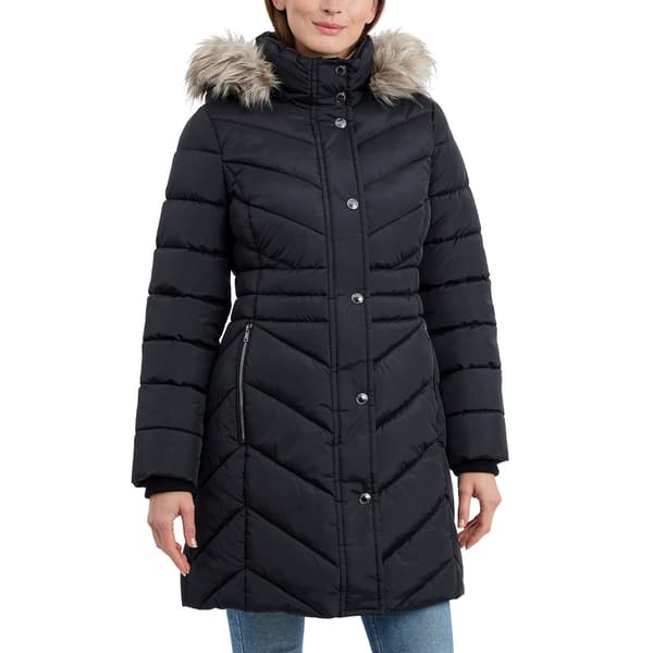 Womens London Fog Long Puffer Coat with Faux Fur Hood - Boscov's