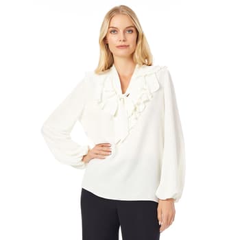 Womens Kasper Long Sleeve Solid Front Ruff Blouse - Boscov's