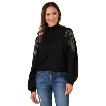 Womens Democracy Long Sleeve Mock Neck Rhinestone Sleeve Sweater - Boscov's