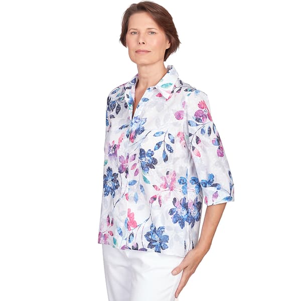Womens Alfred Dunner Classics 3/4 Sleeve Floral Button Down - Boscov's