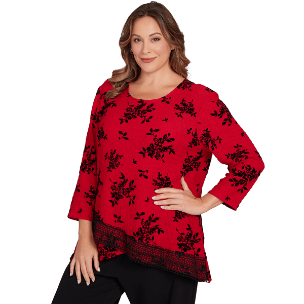 Plus Size Ruby Rd. Red Allure 3/4 Sleeve Lace Trim Floral Blouse - Boscov's