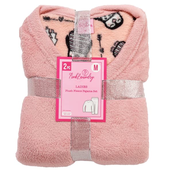 Womens Pink Laundry Solid V-Neck Fleece Pink Penguins Pajama Set - Boscov's