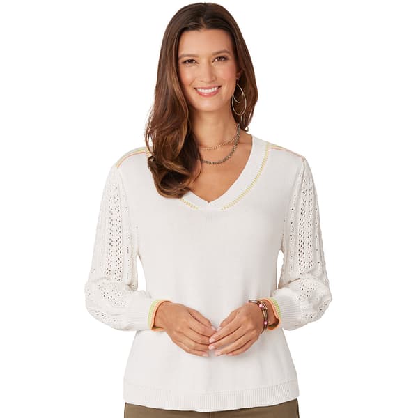 Womens Democracy 3/4 Pointelle Sleeve V-Neck Sweater w/Tipping - Boscov's