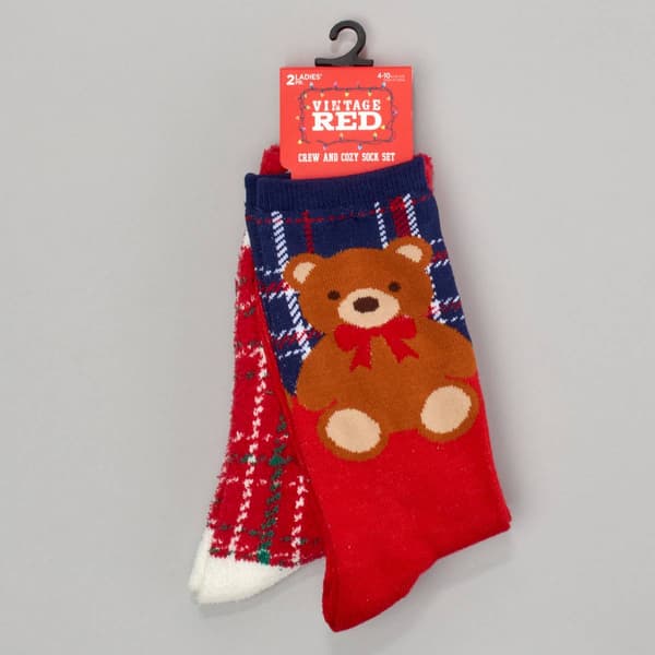 Womens Vintage Red 2Pk Teddy Bear Cozy Crew Socks - Boscov's