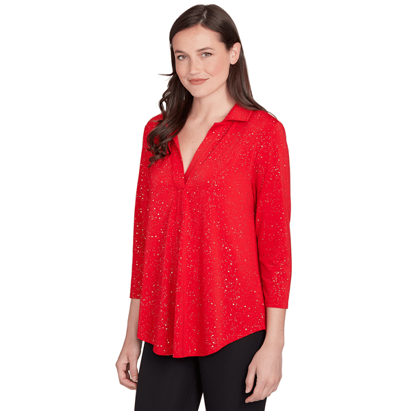 Womens Ruby Rd. Red Allure V Neck Metallic Speckled Blouse - Boscov's
