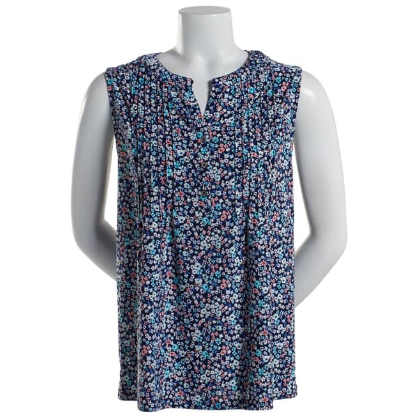 Petite Napa Valley Sleeveless Floral Pleated Knit Henley Top - Boscov's