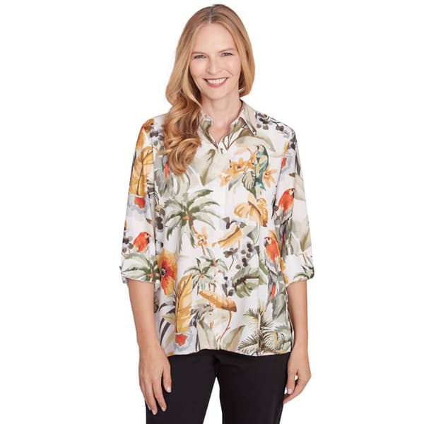 Womens Alfred Dunner Classics Tropical Bird Button Down - Boscov's