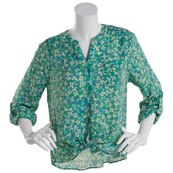 Petite Zac & Rachel 3/4 roll Tab Sleeve Floral Tie Front Blouse - Boscov's