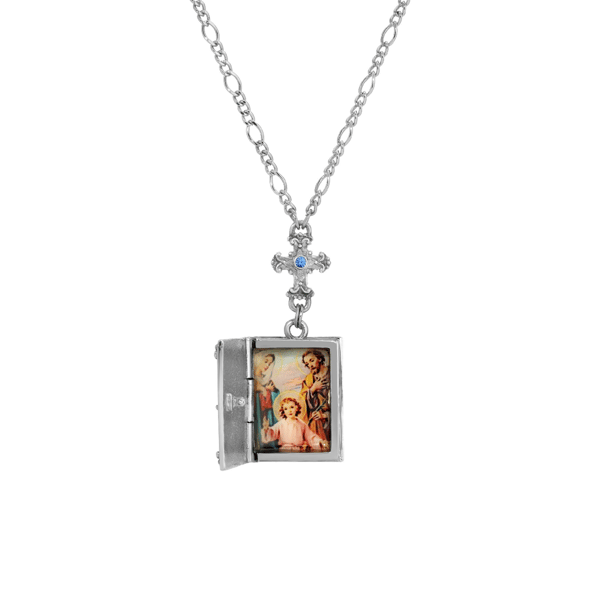 Symbols of Faith Silver Cross & Bible Locket Holy Family Necklace ...