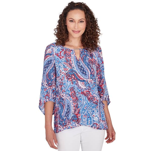 Womens Ruby Rd. Red White & New Woven Bar Turkish Blouse - Boscov's