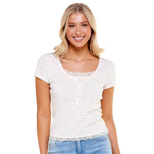 Juniors Pink Rose Short Sleeve Layered Lace Trim Ditsy Henley Top ...