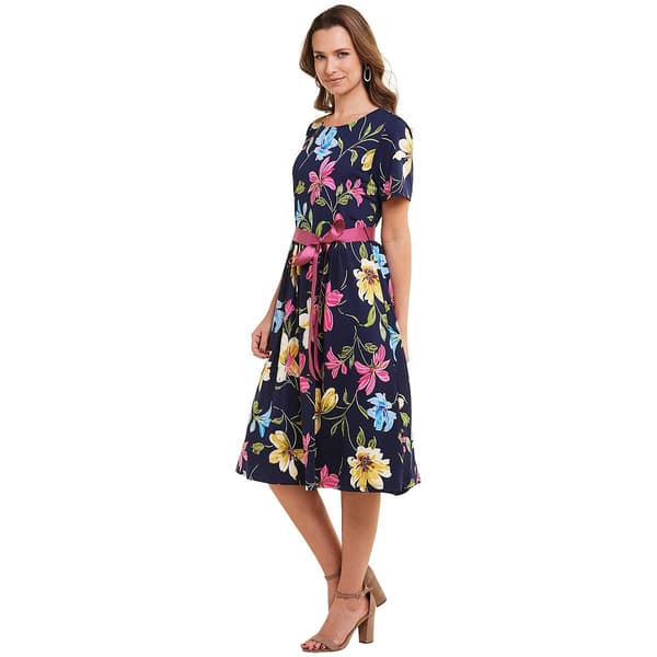 Petite Ellen Weaver Floral A-Line Ribbon Belt Dress - Navy - Boscov's