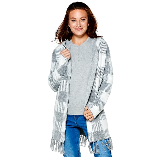 Womens Absolutely Famous Plaid Hooded Cardigan with Fringe - Boscov's