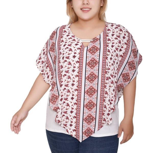 Plus Size NY Collection Split Neck Patchwork Poncho Tank Top - Boscov's
