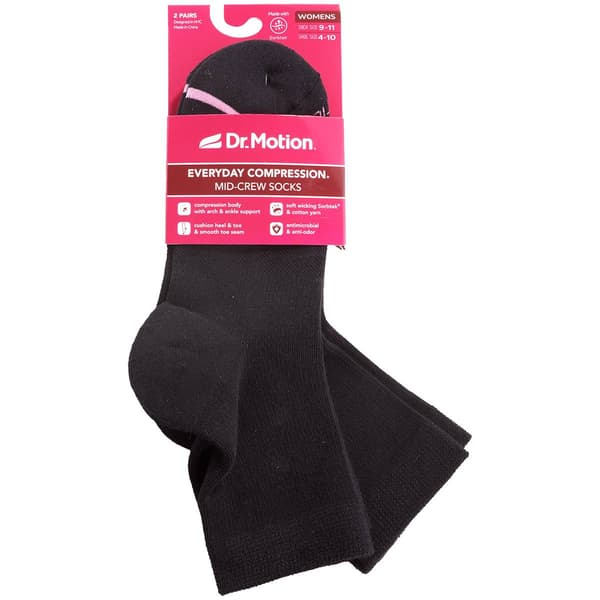 Womens Dr. Motion 2pk. Solid Black Compression Mid Crew Socks - Boscov's
