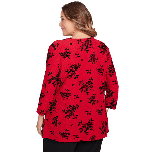 Plus Size Ruby Rd. Red Allure 3/4 Sleeve Lace Trim Floral Blouse - Boscov's