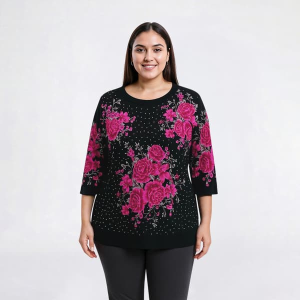 Plus Size Emily Daniels 3/4 Sleeve Rhinestone Yoke Floral Sweater ...