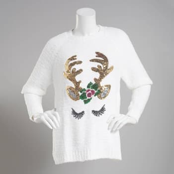 Juniors Poof! Sparkle Reindeer Chenille Crew Neck Sweater - Boscov's