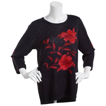 Plus Size Emily Daniels 3/4 Sleeve Rhinestone Floral Sweater - Boscov's
