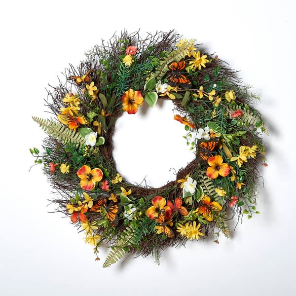 24in. Pansy Forsythia & Butterfly Spiral Vine Wreath - Boscov's