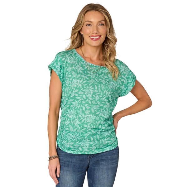 Petite Democracy Short Sleeve Floral Leaf Ruch Side Blouse - Boscov's