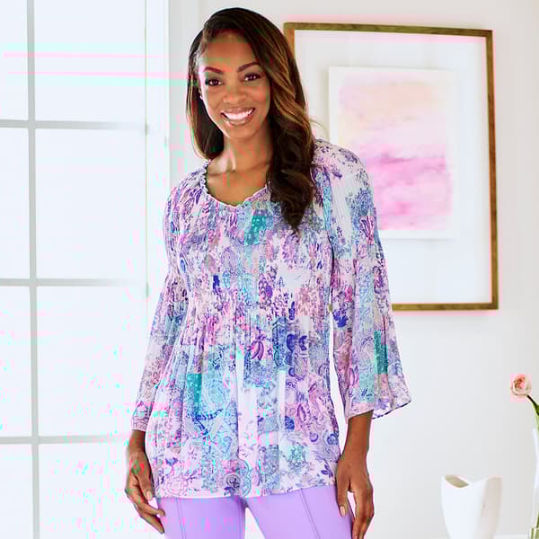 Womens Floral & Ivy 3/4 Sleeve Ruffle V-Neck Paisley Blouse - Boscov's