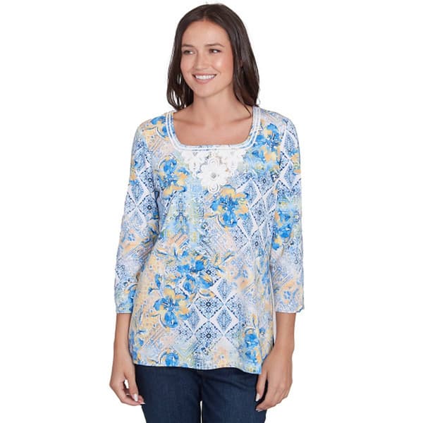 Womens Ruby Rd. Bella Vista Knit Watercolor Patchwork Tee - Boscov's