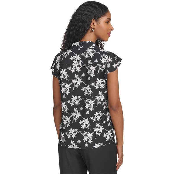Petite Calvin Klein Cap Sleeve Ruffled Floral Button Front Blouse ...