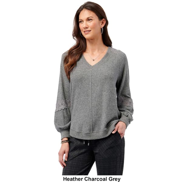 Womens Democracy Long Blouson Sleeve Lace Insets V-Neck Sweater - Boscov's