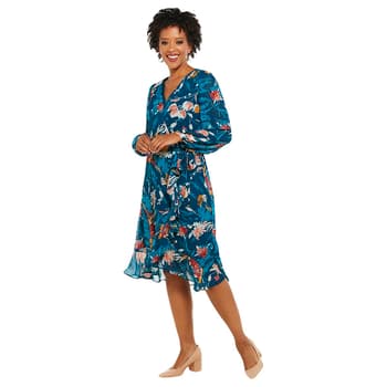 Womens Luxology Long Sleeve Floral V-Neck Midi Dress - Boscov's