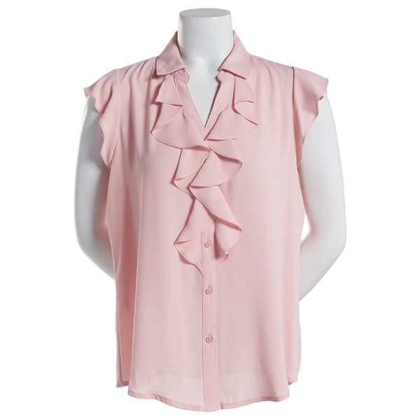 Petites Calvin Klein Solid Cap Sleeve Ruffle Front Blouse - Boscov's