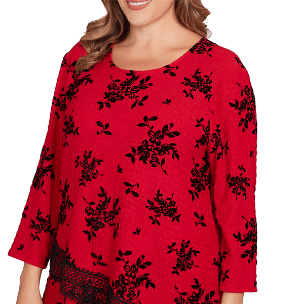 Plus Size Ruby Rd. Red Allure 3/4 Sleeve Lace Trim Floral Blouse - Boscov's
