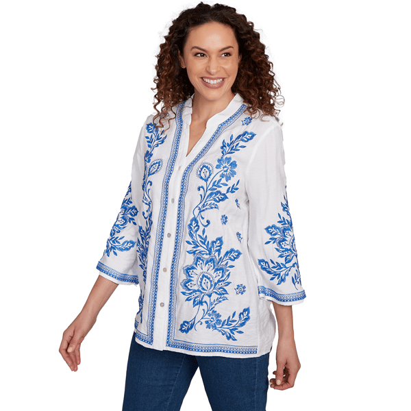 Petite Ruby Rd. Tinted Tides Embroidered Button Front Blouse - Boscov's