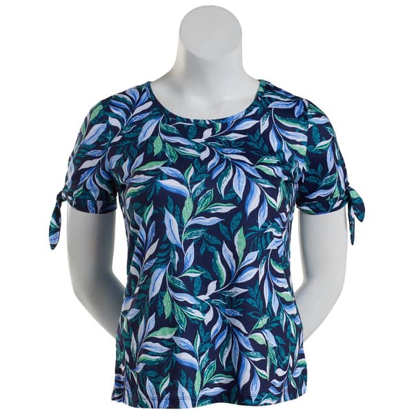 Petite Emily Daniels Short Tie Sleeve Navy/Green Tropical Blouse - Boscov's