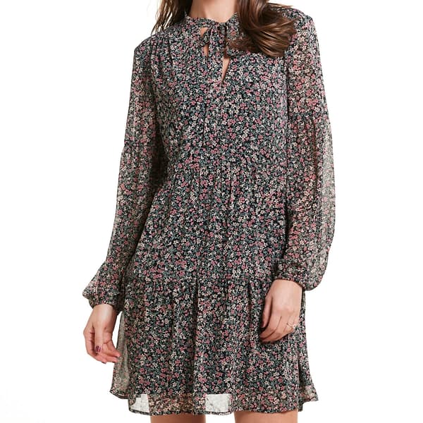 Womens Luxology Long Sleeve Floral Chiffon Tie Neck Shift Dress - Boscov's