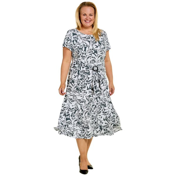 Plus Size Perceptions Short Sleeve Scroll Side Tie Midi Dress - Boscov's