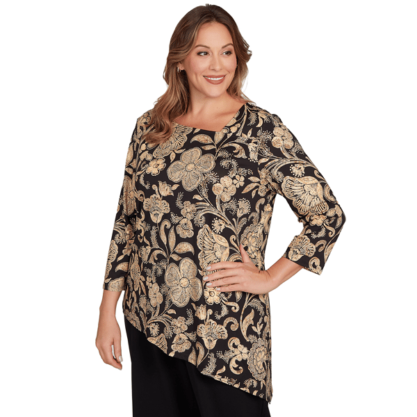Plus Size Ruby Rd. Red Allure Gold Foil Shimmer Floral Blouse - Boscov's