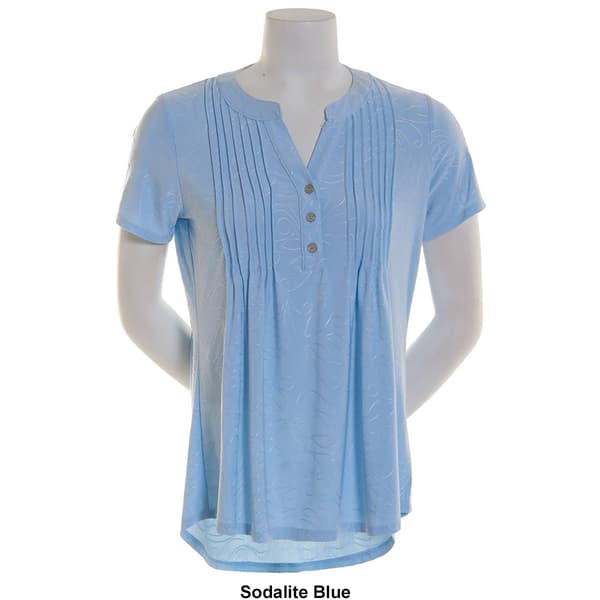 Plus Size Notations Short Sleeve Textured Jacquard Pleated Blouse ...