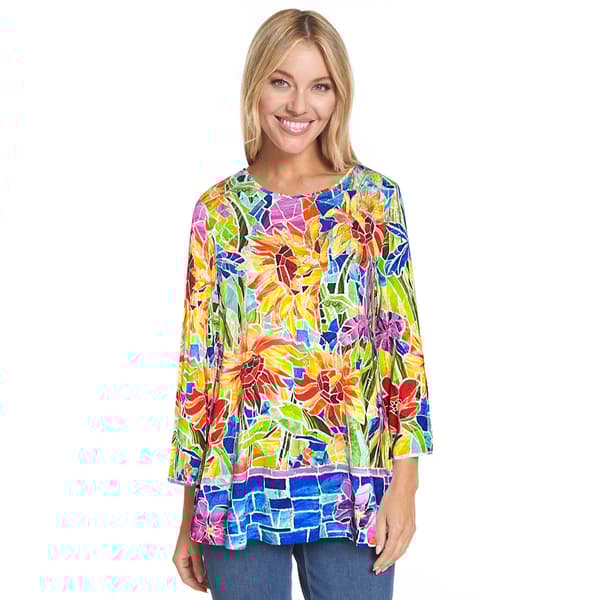 Womens Ali Miles 3/4 Sleeve Floral Abstract Tile Side Slit Blouse ...